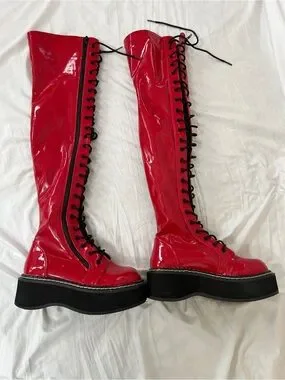 Demonia | Shoes | Demonia Red Patent Overtheknee Laceup Platform Boots ...